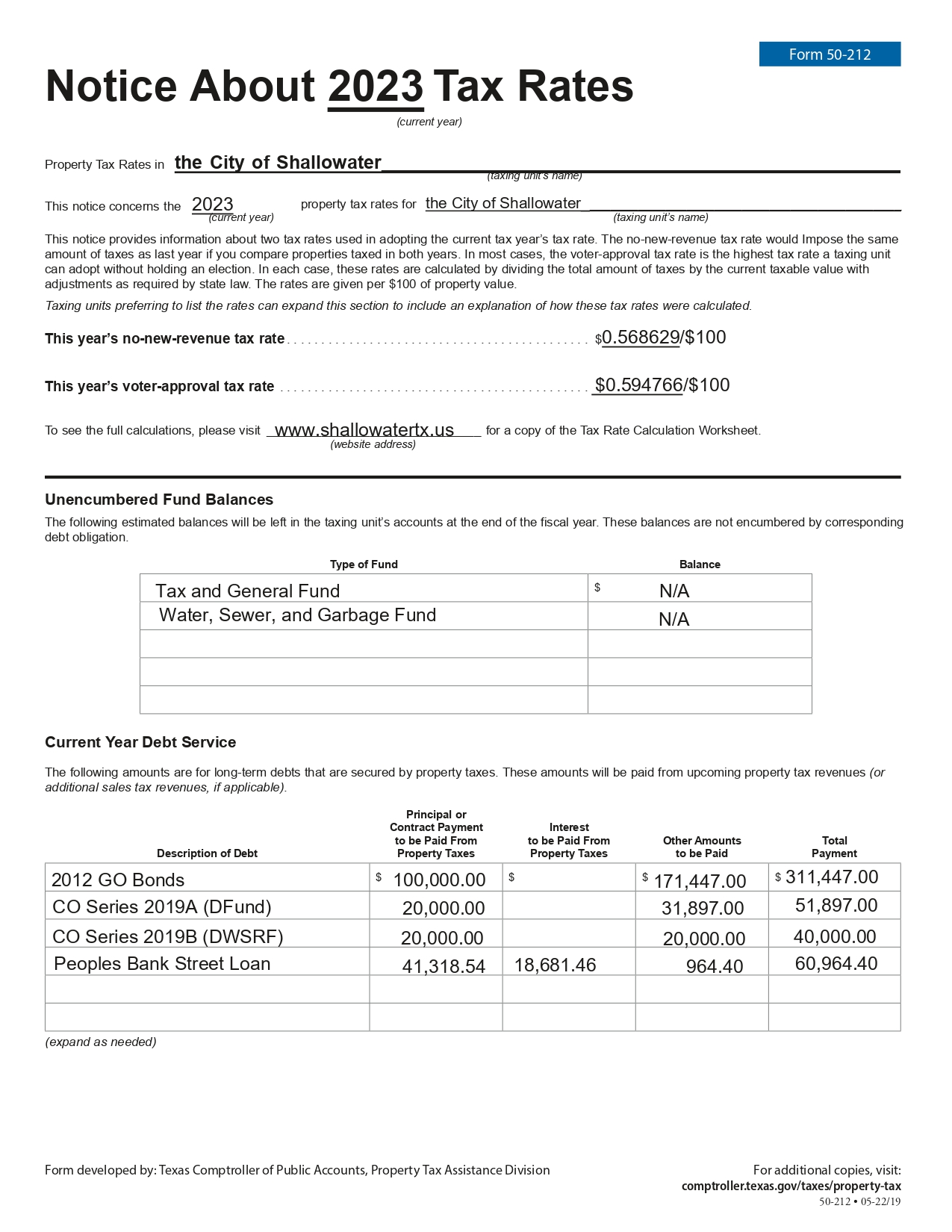 2023 50-212 Notice About Tax Rates - Shallowater Texas